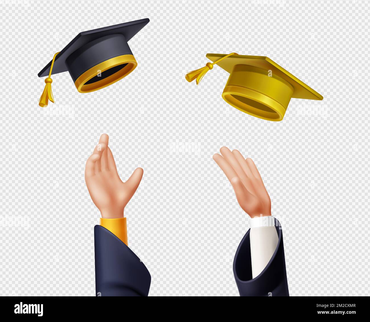 Students, college or university graduates throw up black and gold caps ...