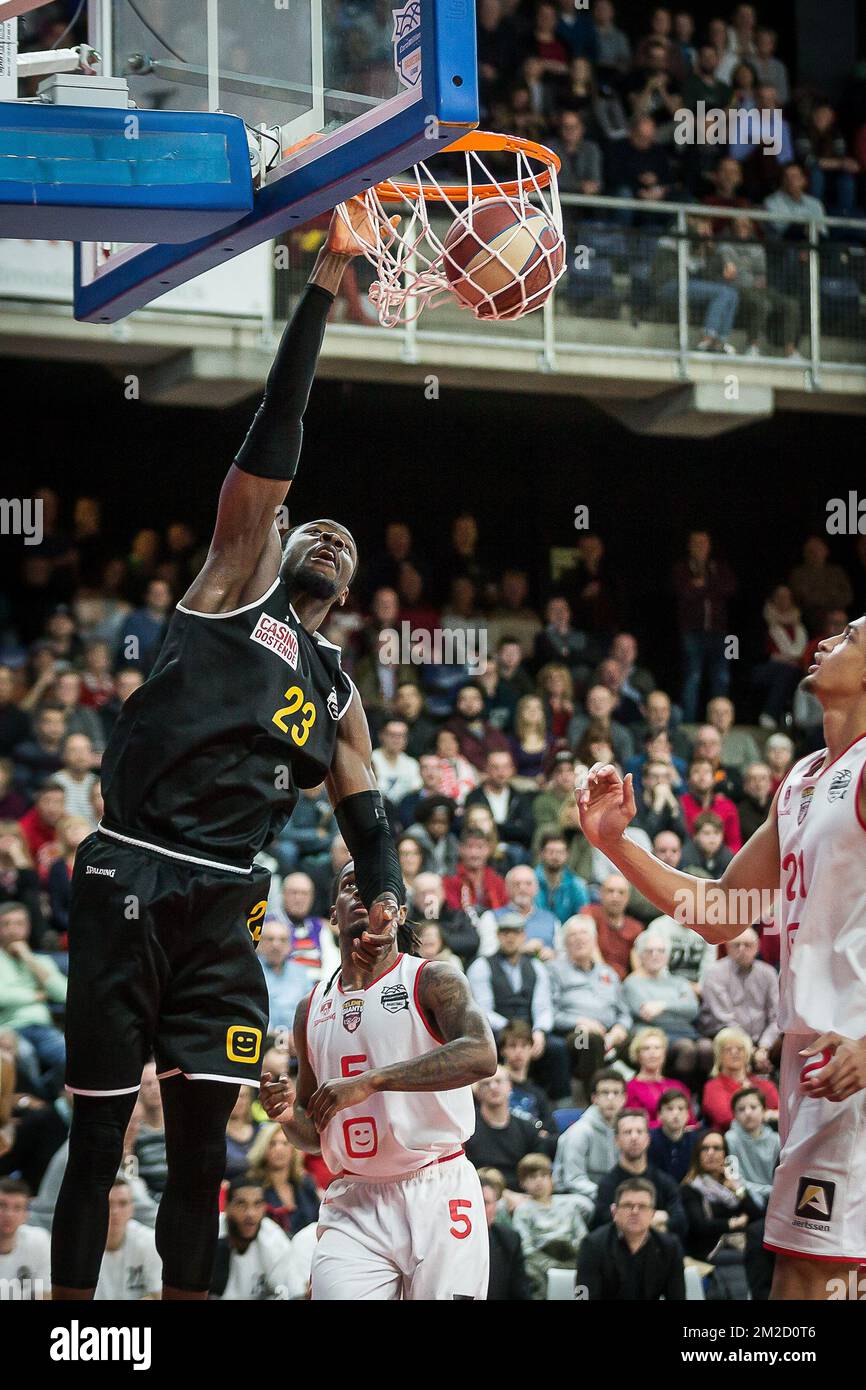 Oostende's Tonye Jekiri pictured in action during the basketball match ...
