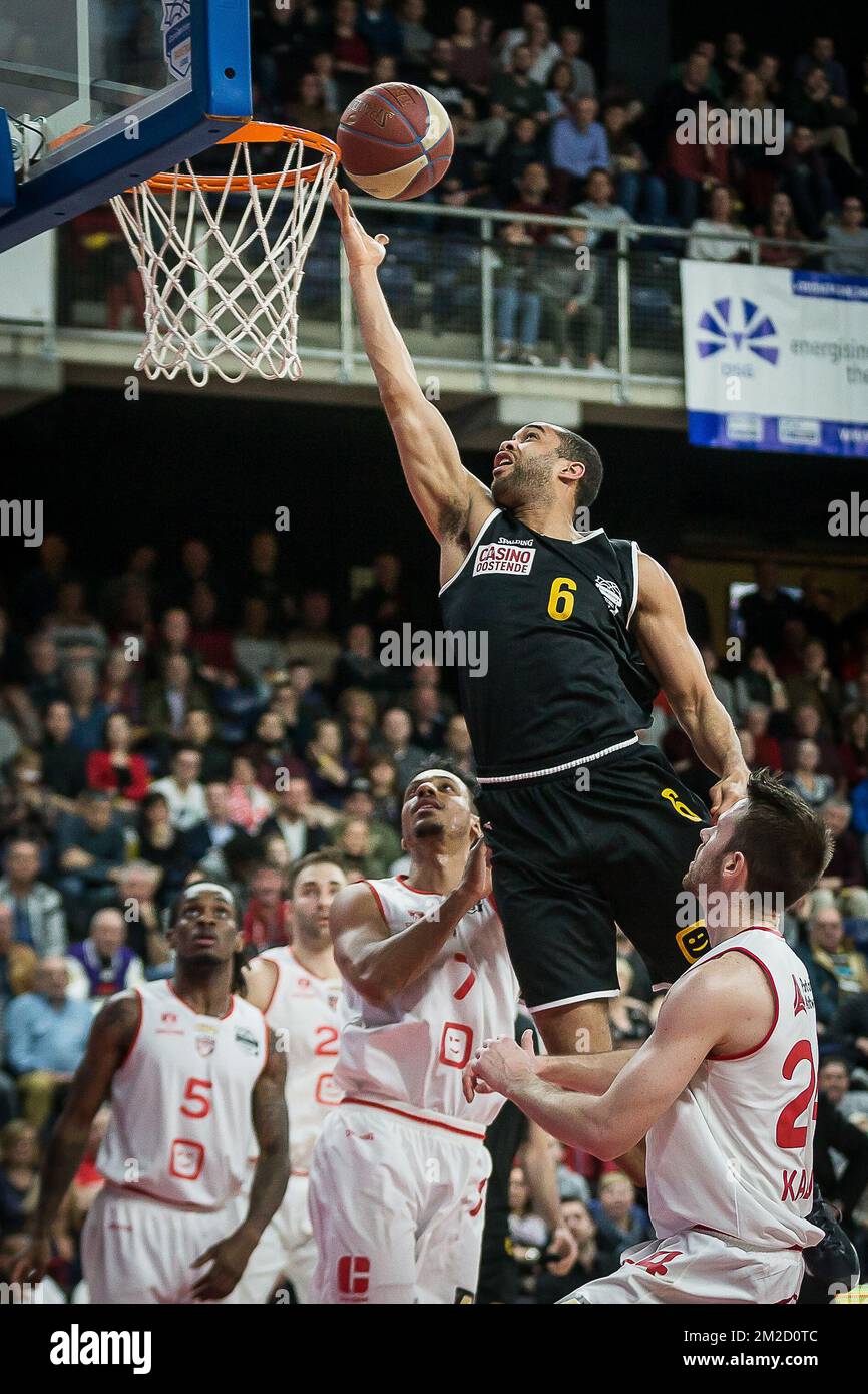 Oostende's Elias Lasisi pictured in action during the basketball match ...