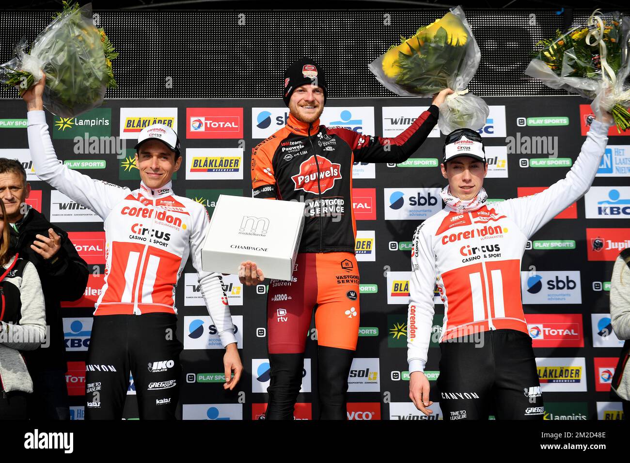 Czech Adam Toupalik, Belgian Gianni Siebens and Dutch Jens Dekker pictured on the podium after ...