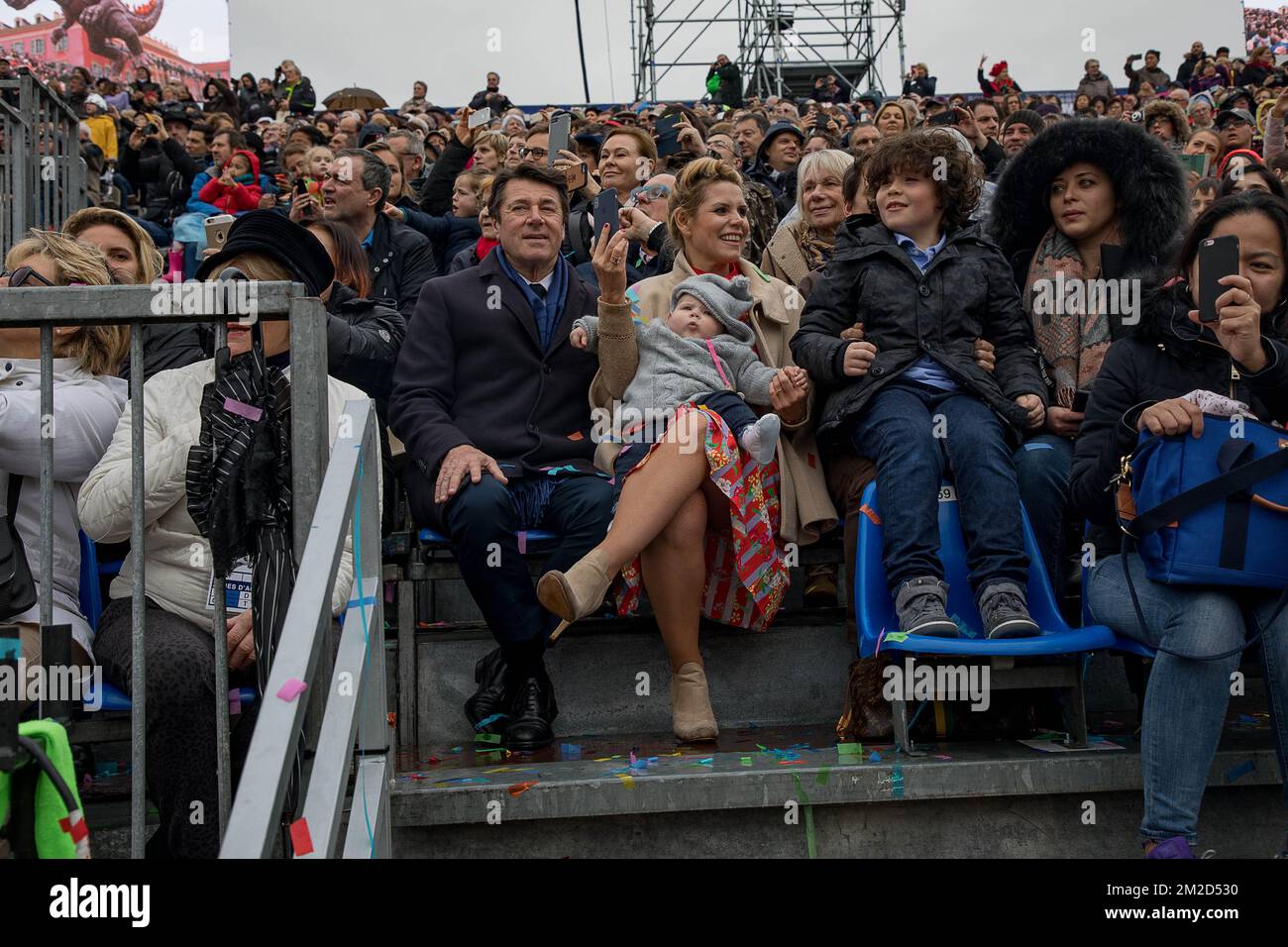 Christian Estrosi and Laura Tenoudji have fun at the flower battle in ...