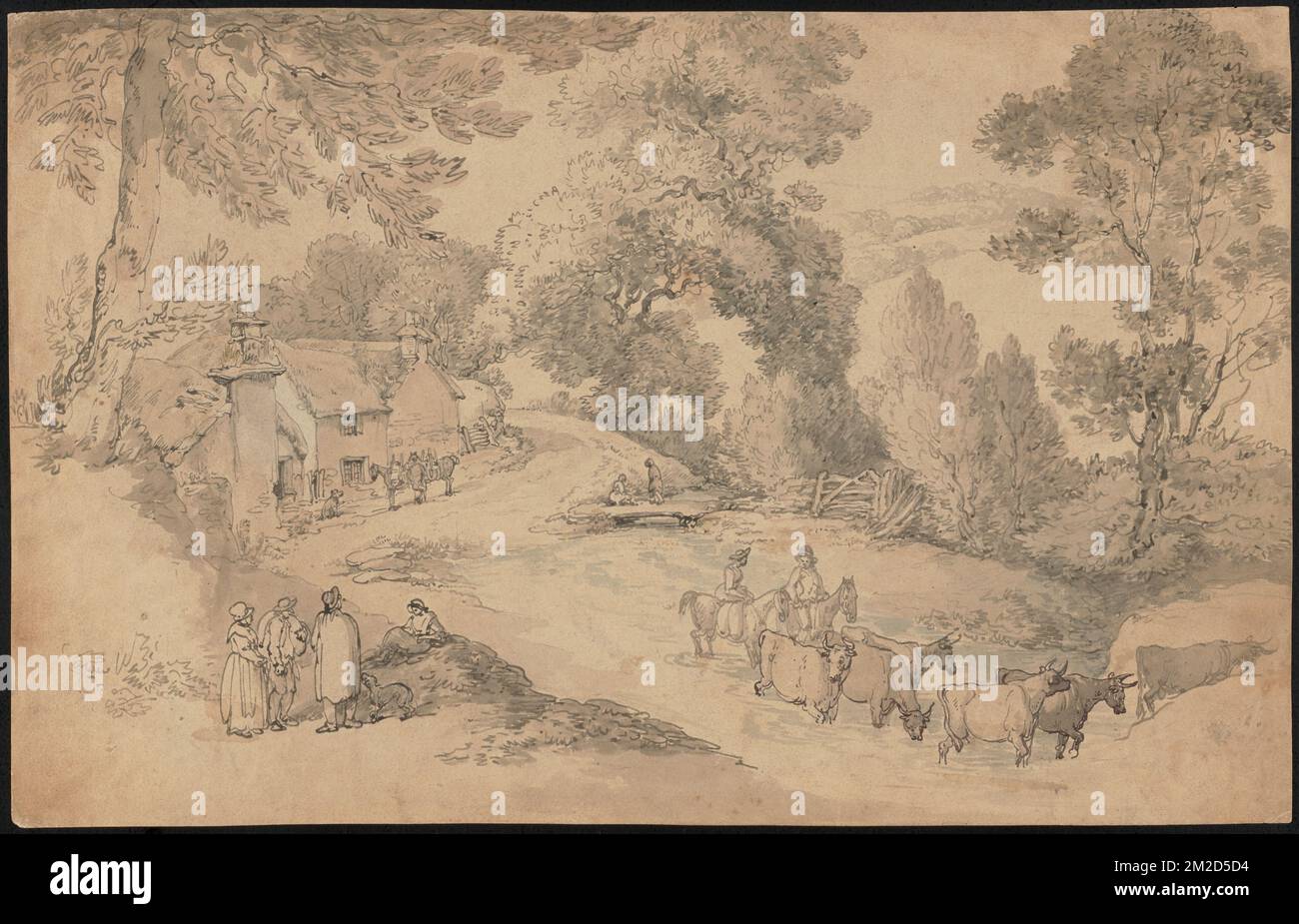 Country scene in Devonshire , Cattle, Horses, Horseback riding, Rivers ...