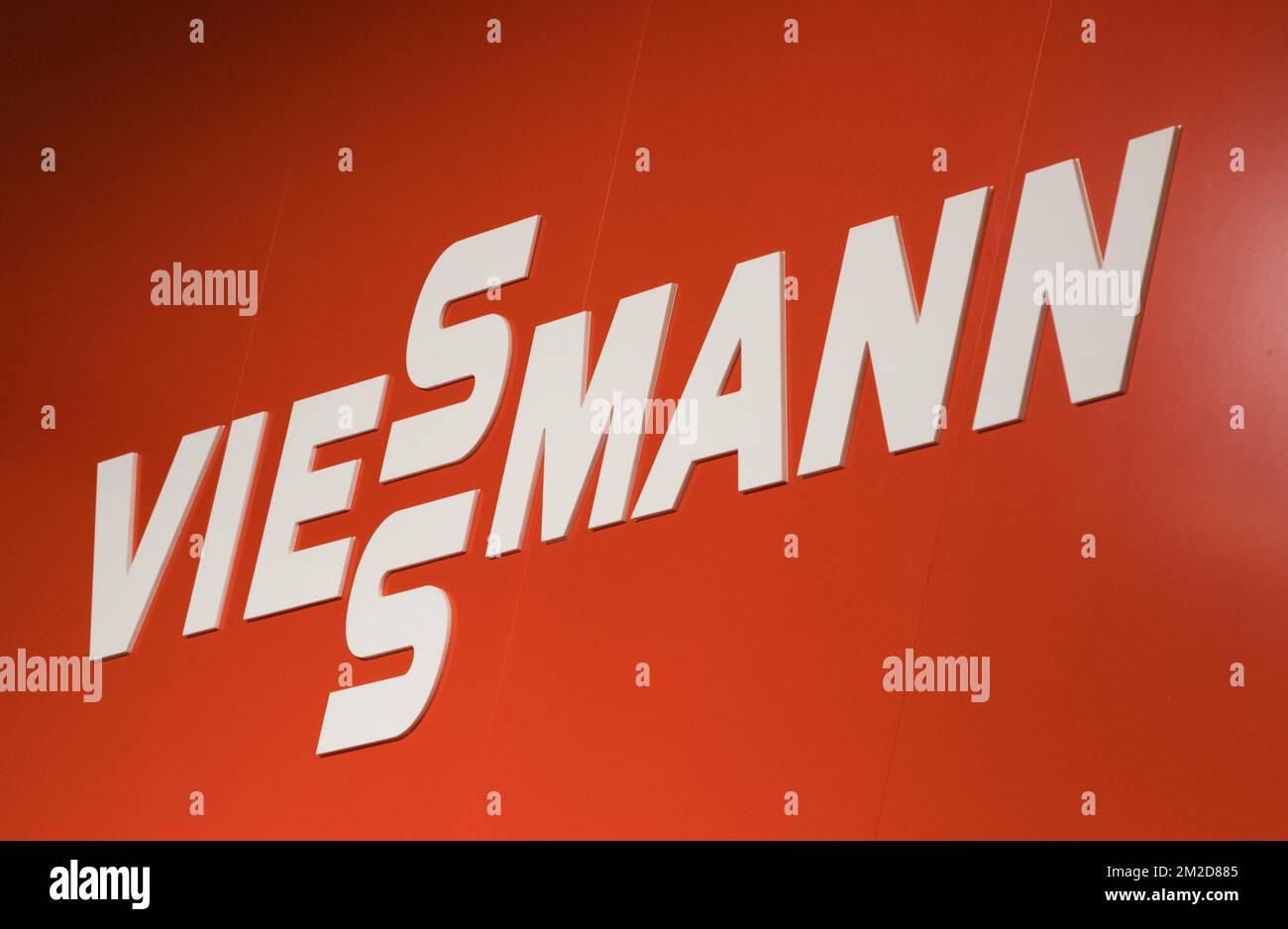 Illustration picture shows Viessmann logo and stand during the opening ...