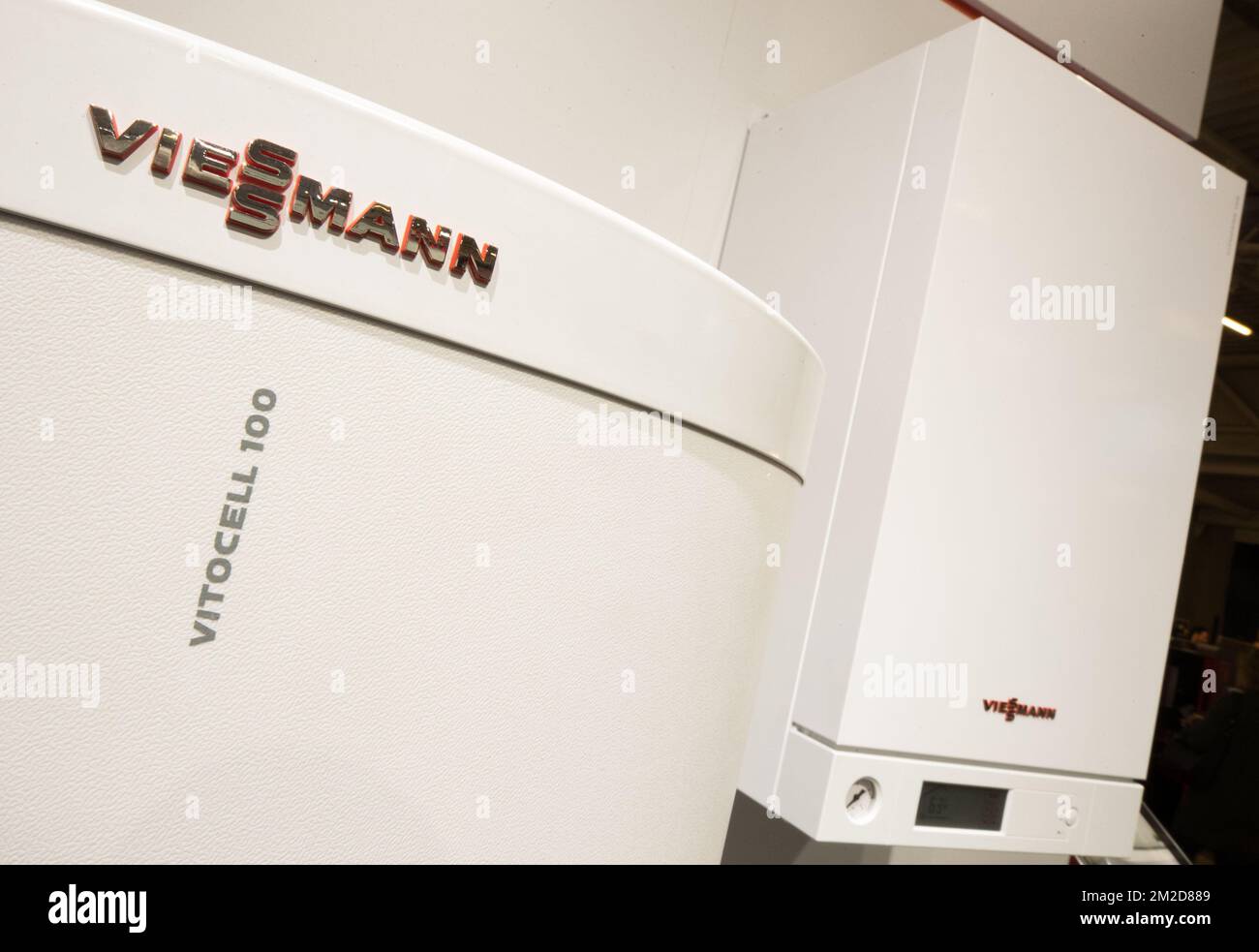Illustration picture shows Viessmann logo and stand during the opening ...