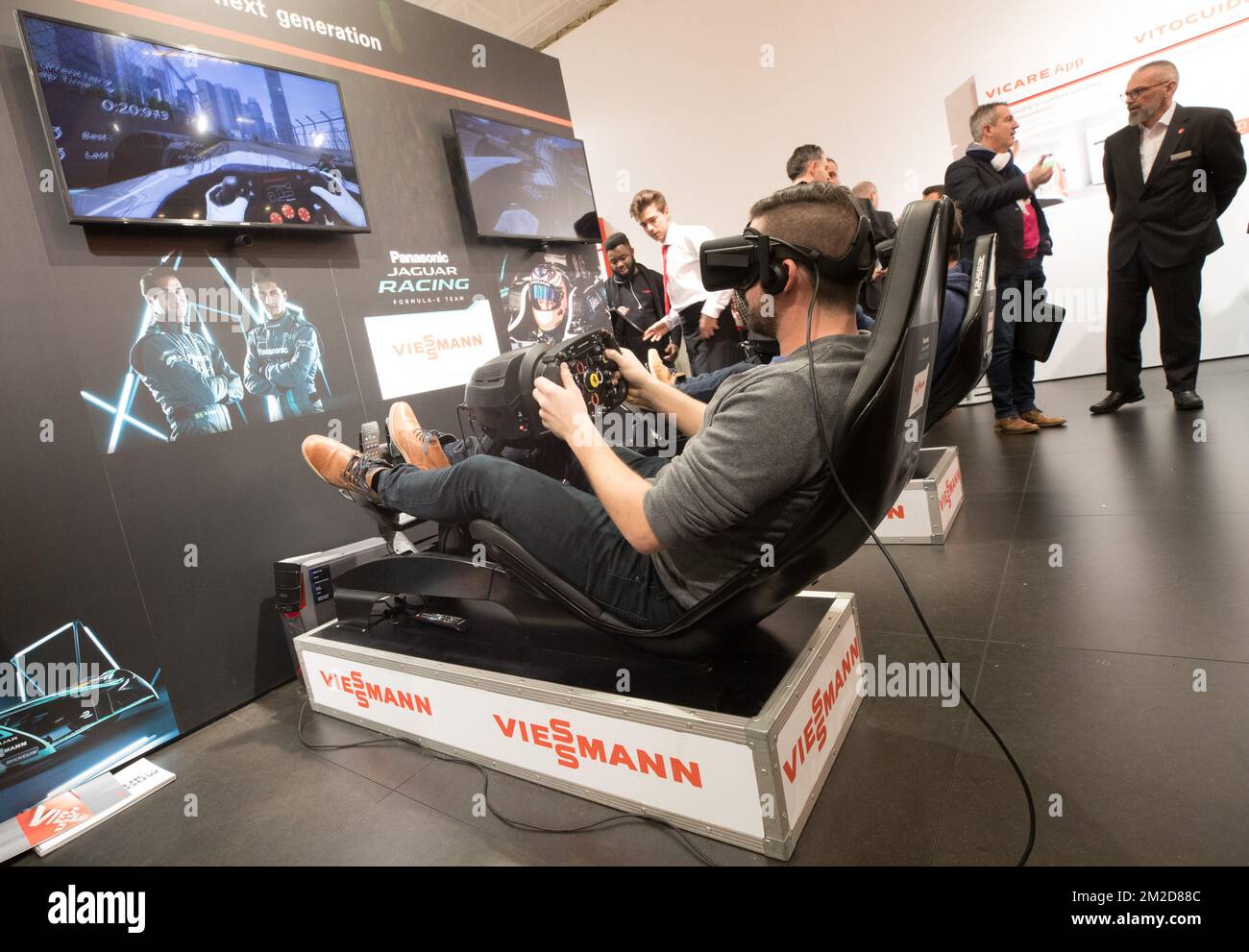 Illustration picture shows Viessmann logo and stand during the opening ...