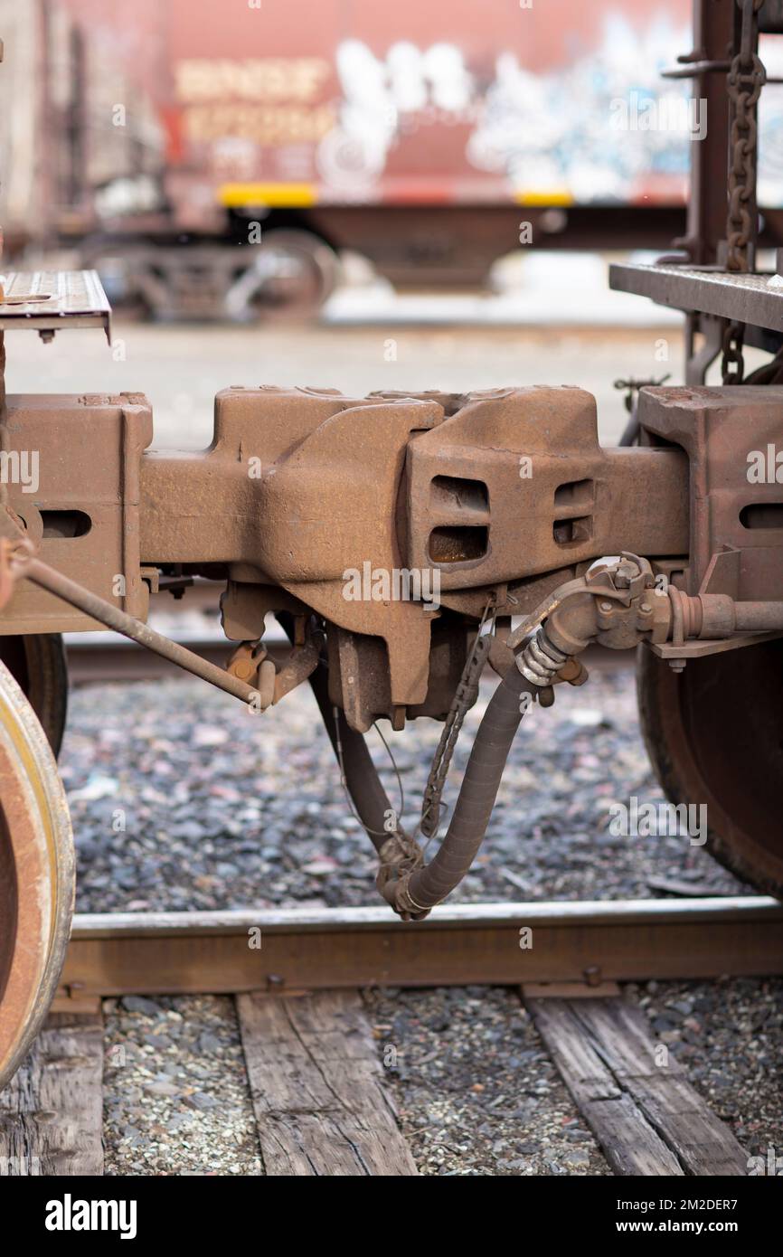 Railroad hopper car coupler, on the tracks, at the BNSF railroad yard ...