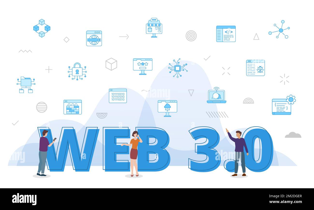 web 3.0 concept with big words and people surrounded by related icon ...
