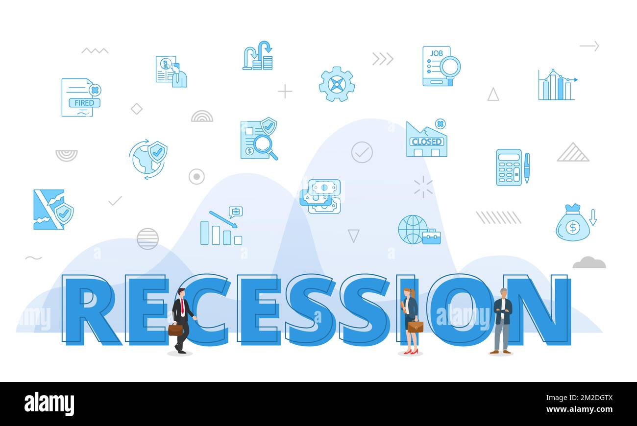 recession concept with big words and people surrounded by related icon ...