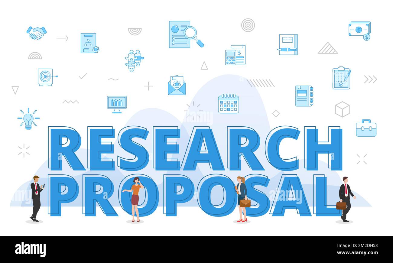 research proposal concept with big words and people surrounded by ...