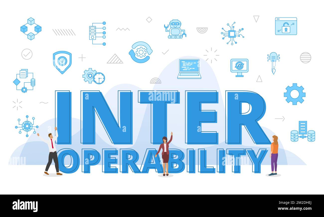 interoperability concept with big words and people surrounded by ...