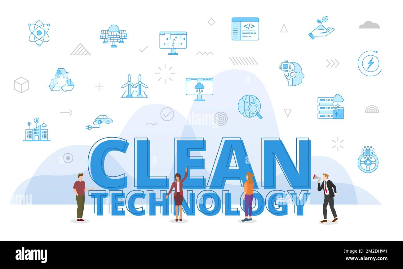 clean technology concept with big words and people surrounded by ...