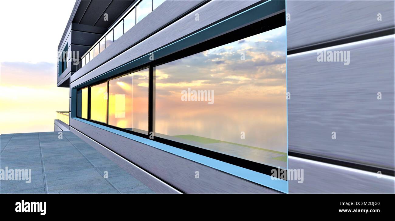 An amazing sunrise reflected in large windows of the contemporary ...