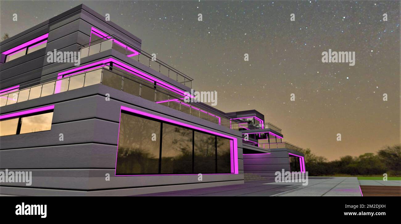 Purple backlit office. Night starry sky. Suitable banner for ...