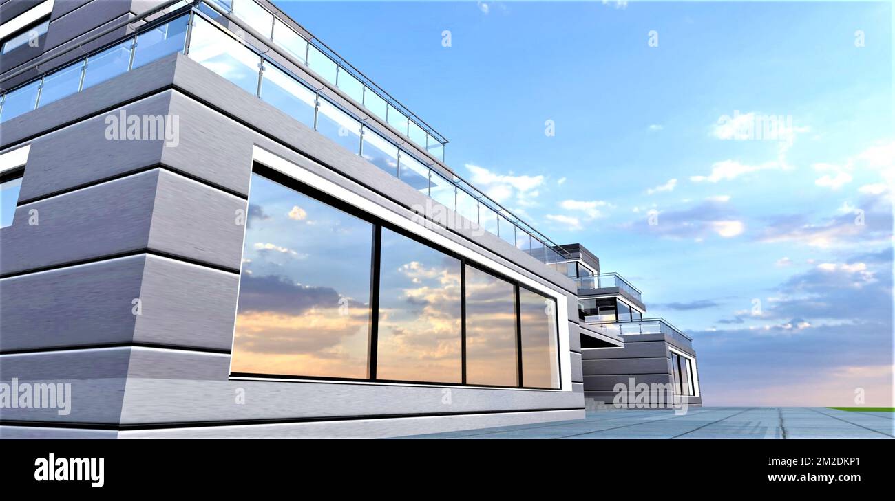 Angled bottom view of a stunning low-rise building. Facade receding ...