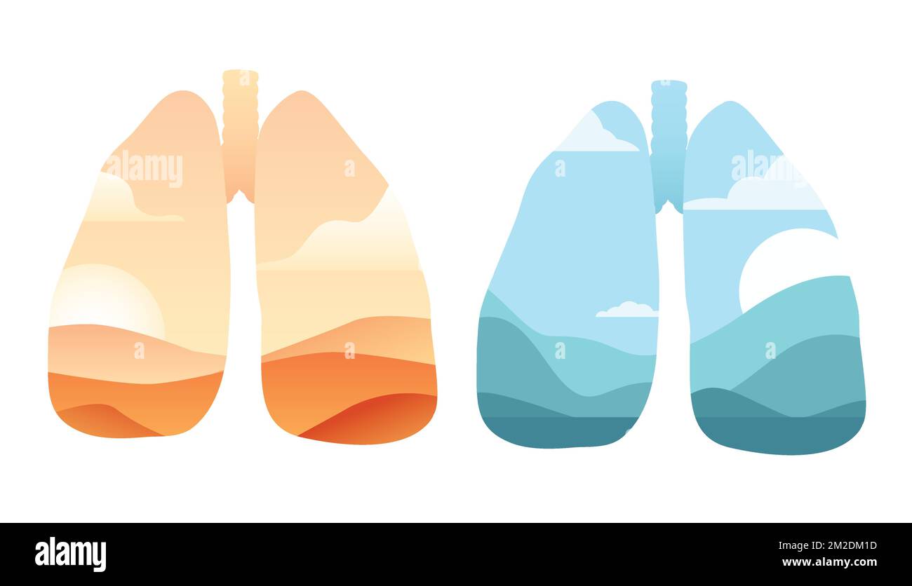 Vector set of silhouettes of human lungs with nature landscape inside ...