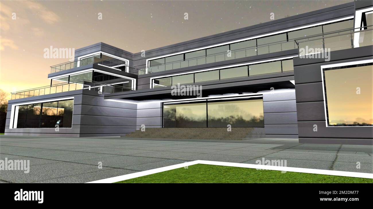 Night view of the entrance to a suburban low-rise office building with ...