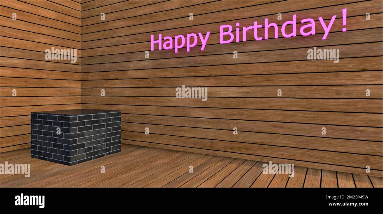 Black brick pedestal for a gift. Happy birthday lettering. Floor and ...