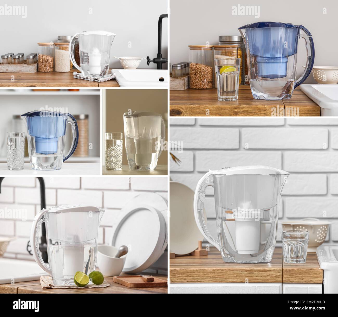 Set of water filter pitchers on table in kitchen Stock Photo - Alamy