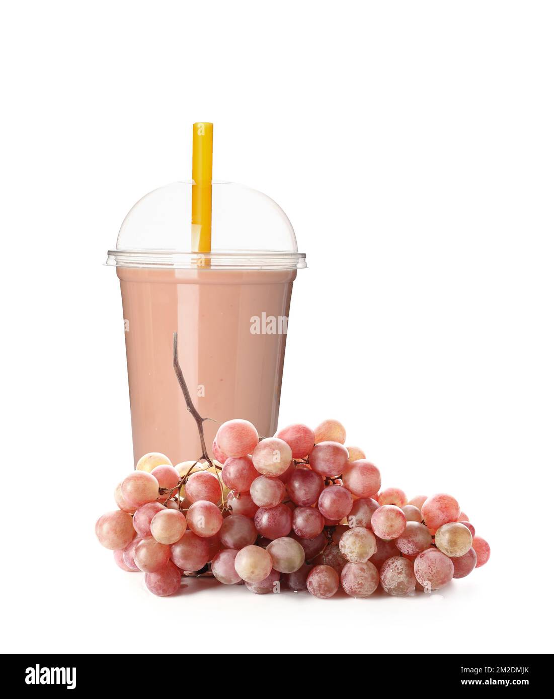 Plastic cup of tasty bubble tea with grapes on white background Stock ...