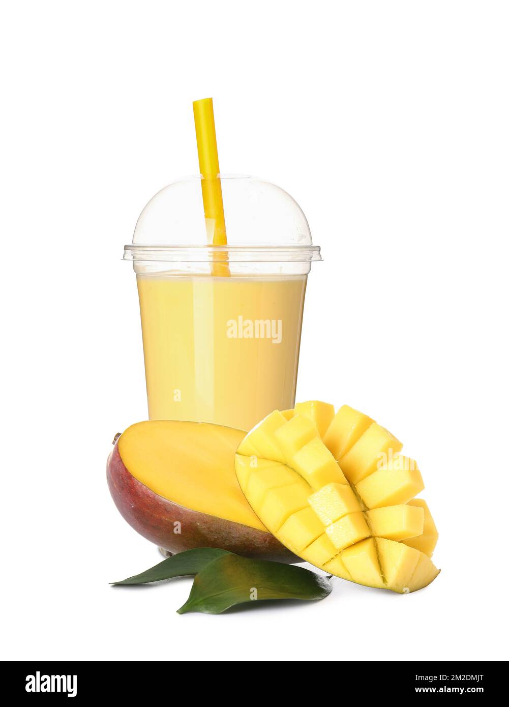 Plastic cup of tasty bubble tea with mango on white background Stock ...