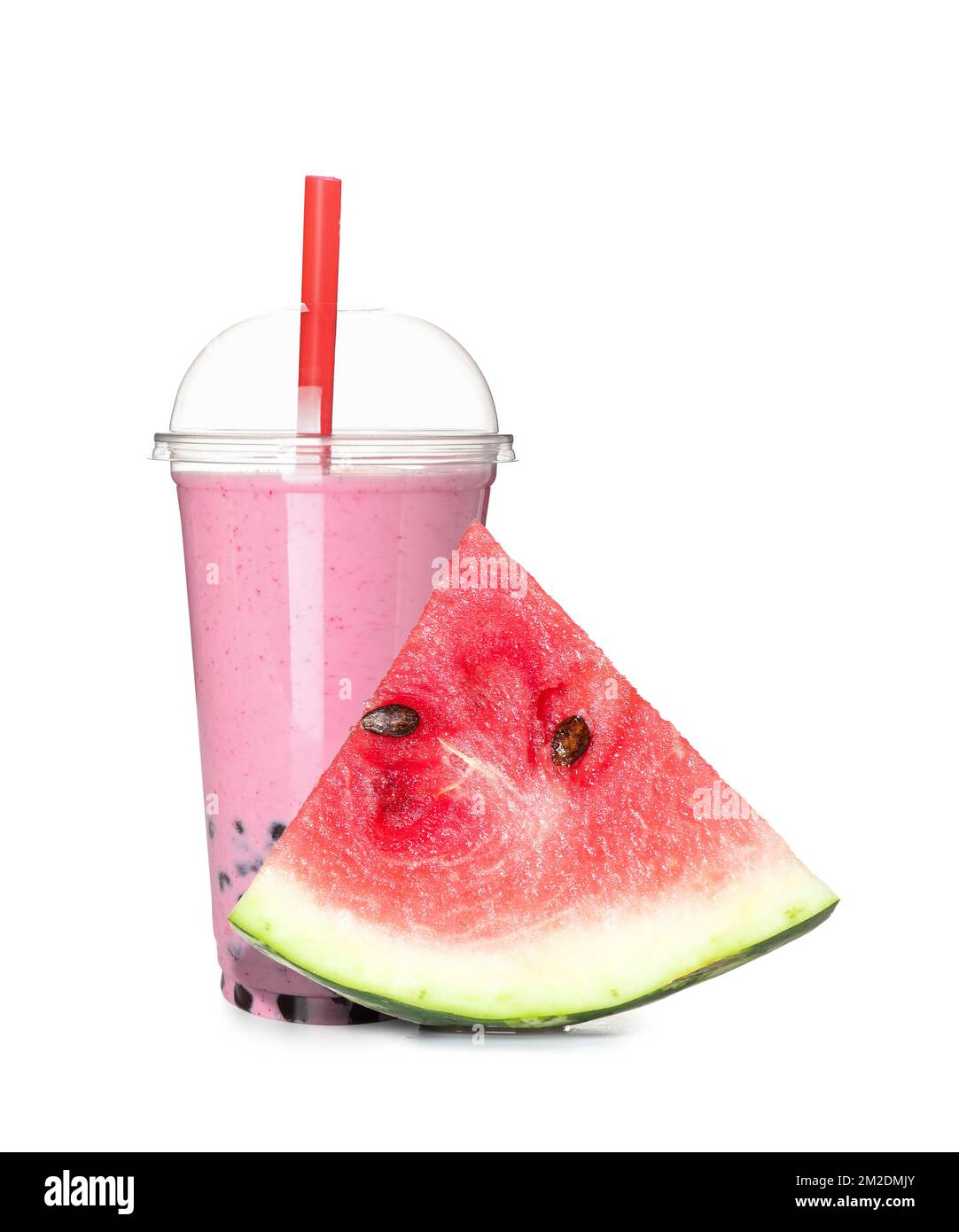 Plastic cup of tasty bubble tea with watermelon on white background ...