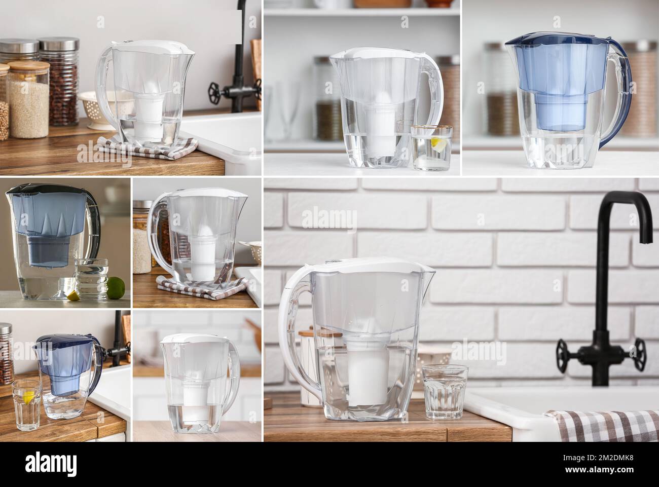 Collage of water filter pitchers on table in kitchen Stock Photo - Alamy