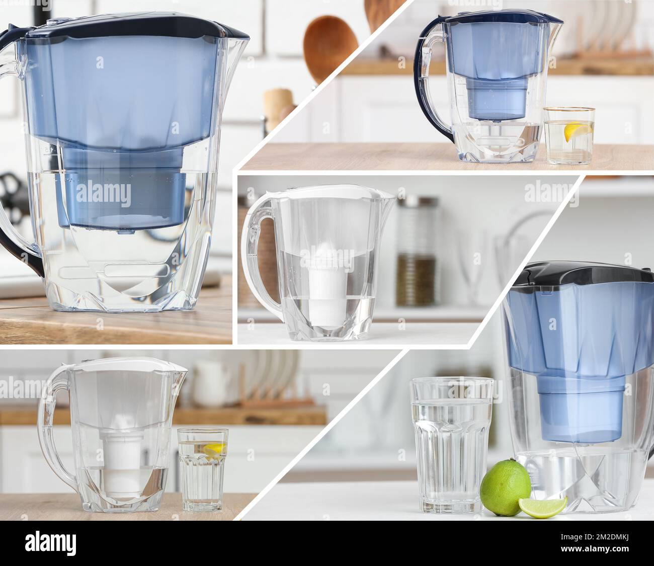 Collection of water filter pitchers on table in kitchen Stock Photo - Alamy