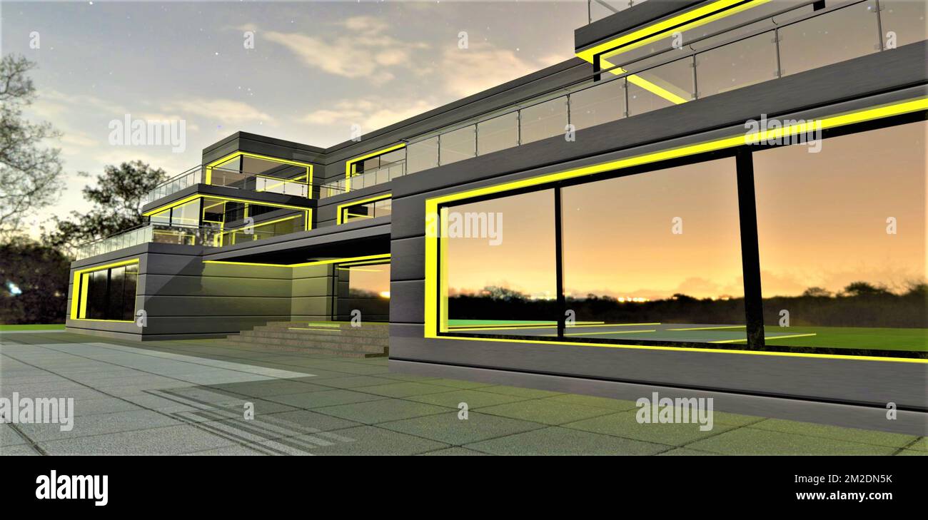Warm yellow lighting of the suburban apartment building with big ...