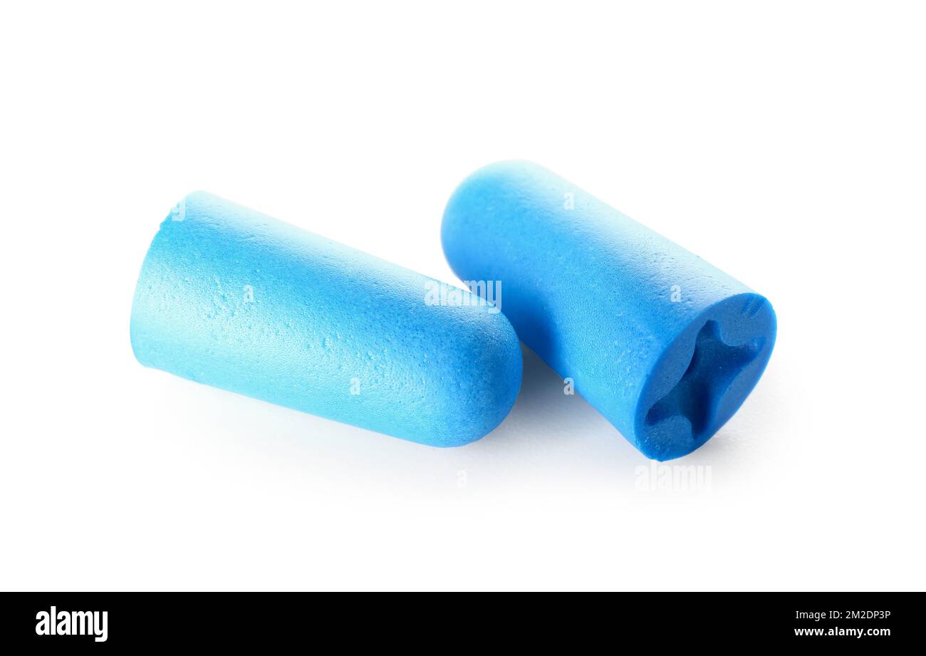Blue ear plugs on white background Stock Photo - Alamy