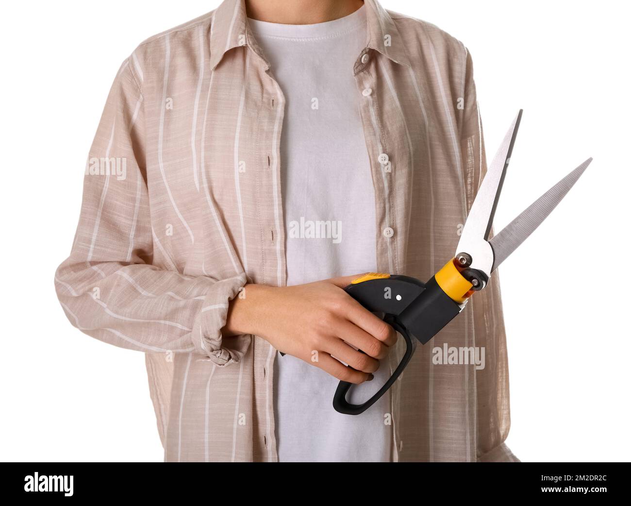 Woman with pruner on white background Stock Photo - Alamy