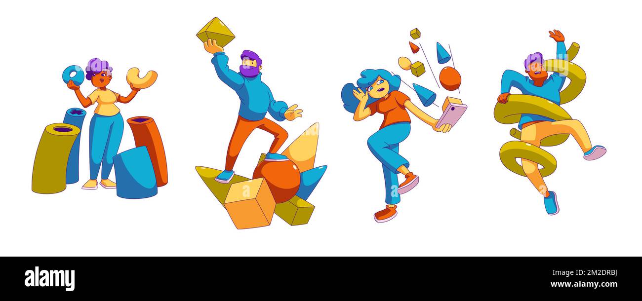 Set of male, female characters with abstract geometric figures isolated ...