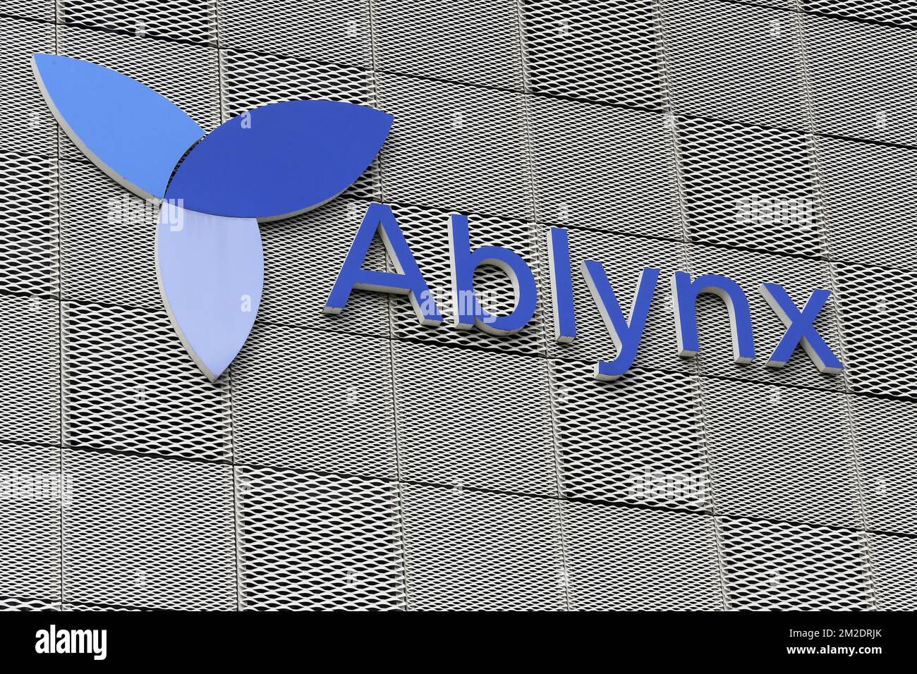 The logo of Belgian pharmaceutical company Ablynx pictured at the 'Tech Lane Ghent' science Park ...