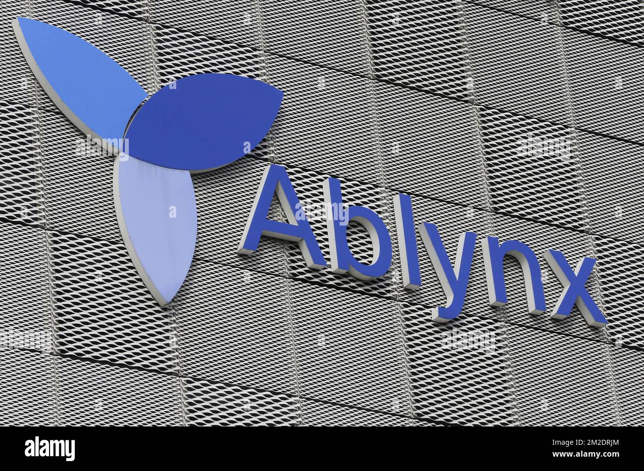 The logo of Belgian pharmaceutical company Ablynx pictured at the 'Tech Lane Ghent' science Park ...