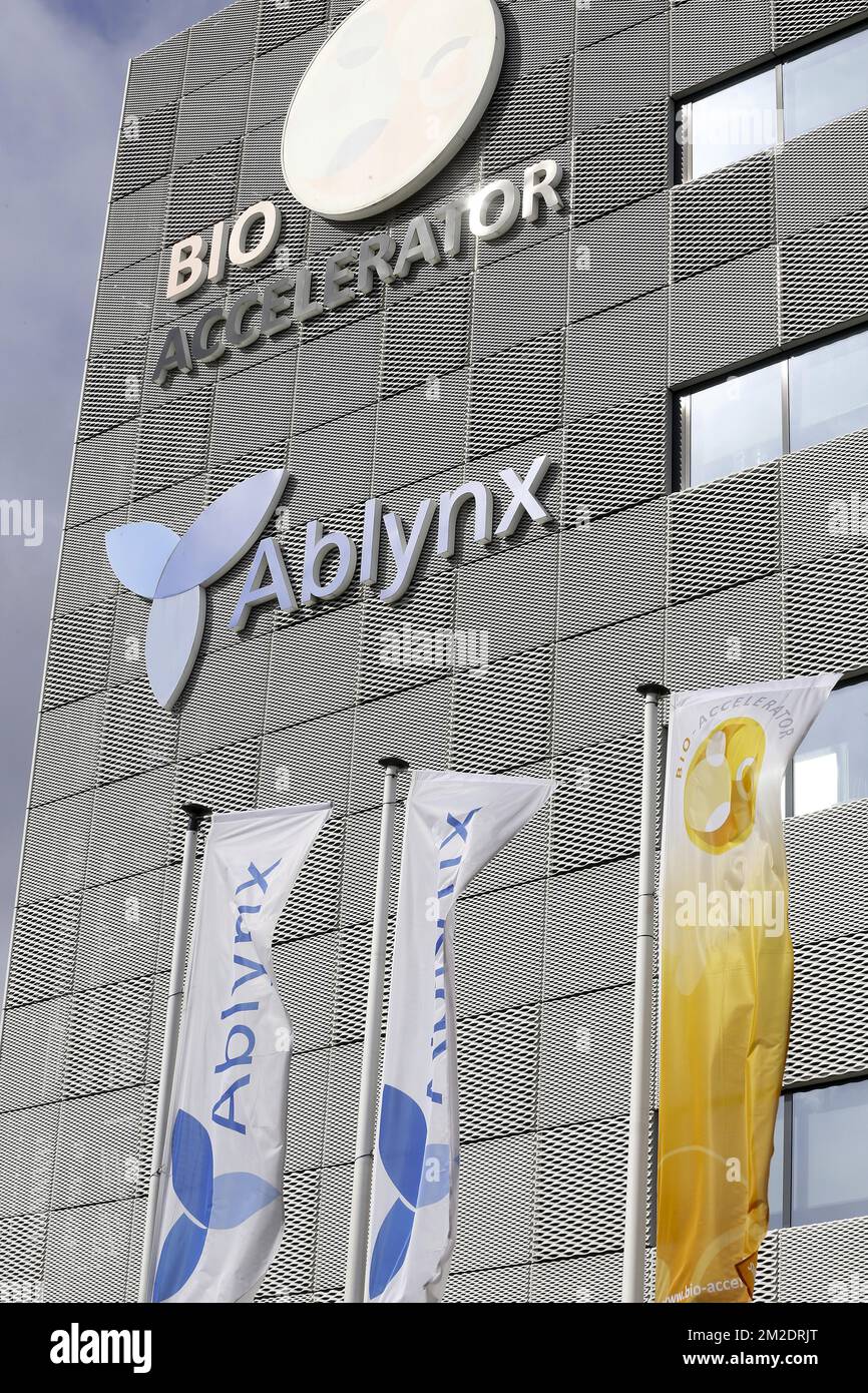 Logos of Belgian pharmaceutical company Ablynx and business service centre 'Bio-Accelerator ...