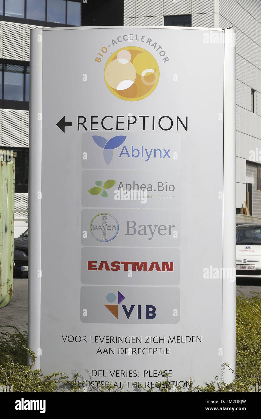 Logos of the Ablynx, Aphea.bio, Bayer, Eastman and VIB enterprises pictured at the 'Tech Lane ...