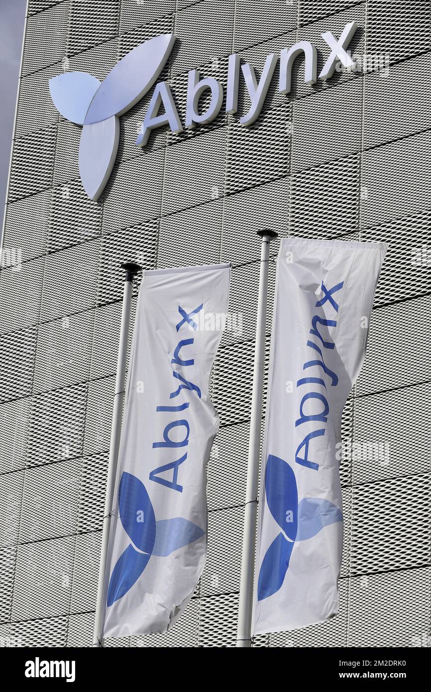 The logo of Belgian pharmaceutical company Ablynx pictured at the 'Tech Lane Ghent' science Park ...