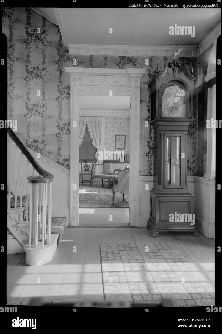 Crowninshield House, Salem: interior, grandfather clock at foot of ...