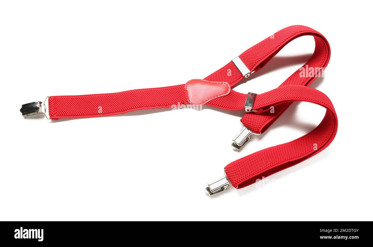 Stylish red suspenders on white background Stock Photo - Alamy