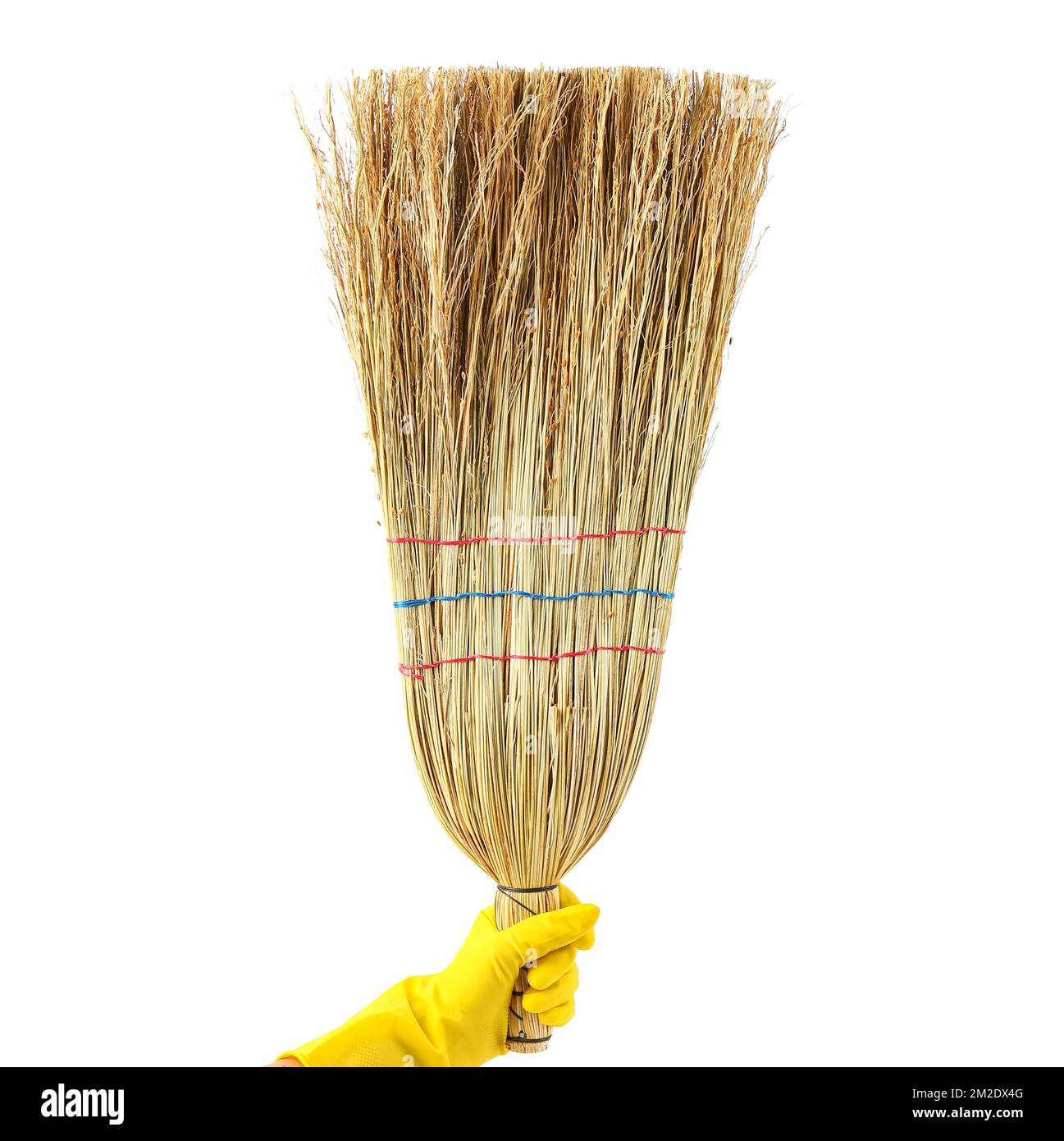 Female hand in rubber glove with broom on white background Stock Photo ...