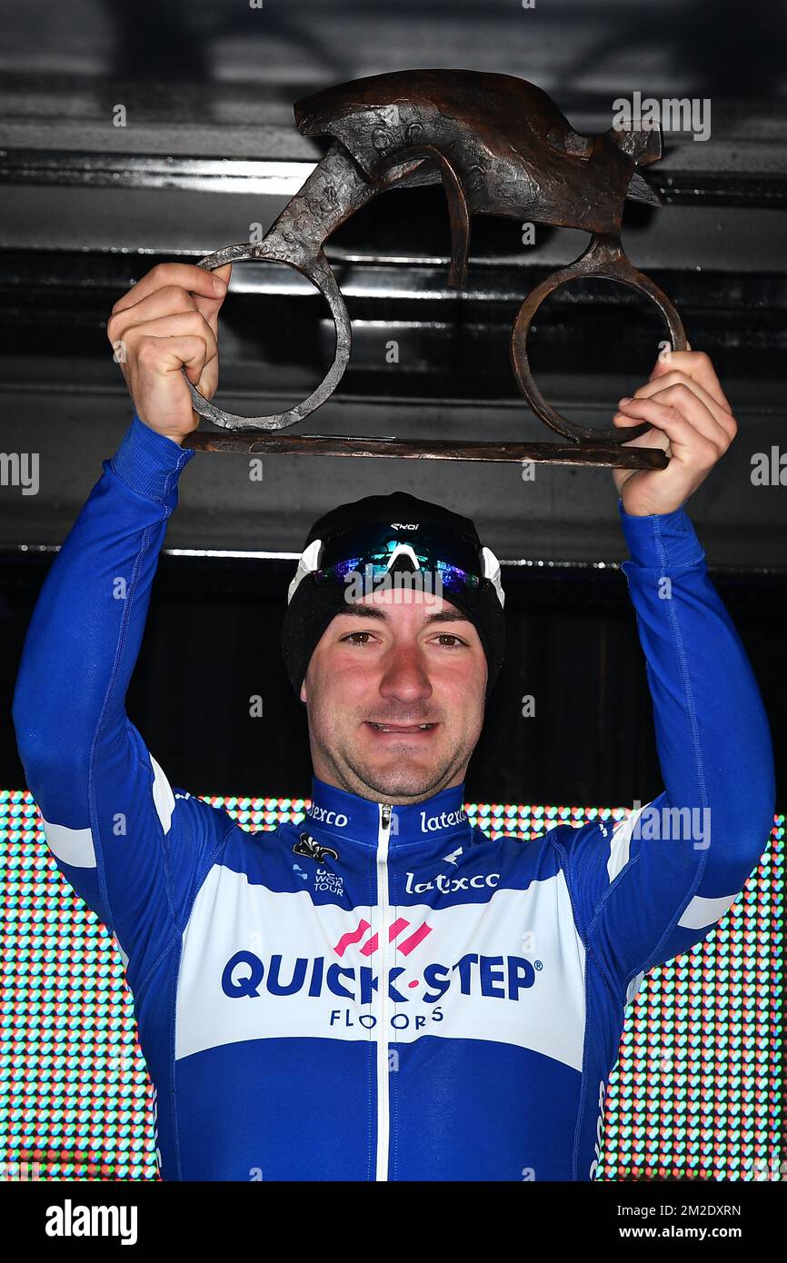 Italian Elia Viviani of Quick-Step Floors celebrates on the podium ...
