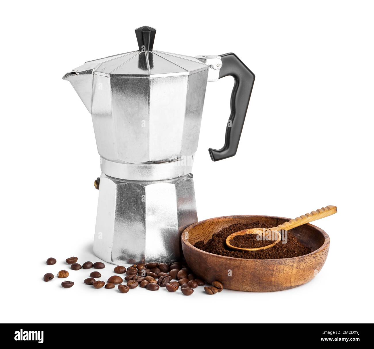 Geyser coffee maker, bowl of powder and beans on white background Stock ...