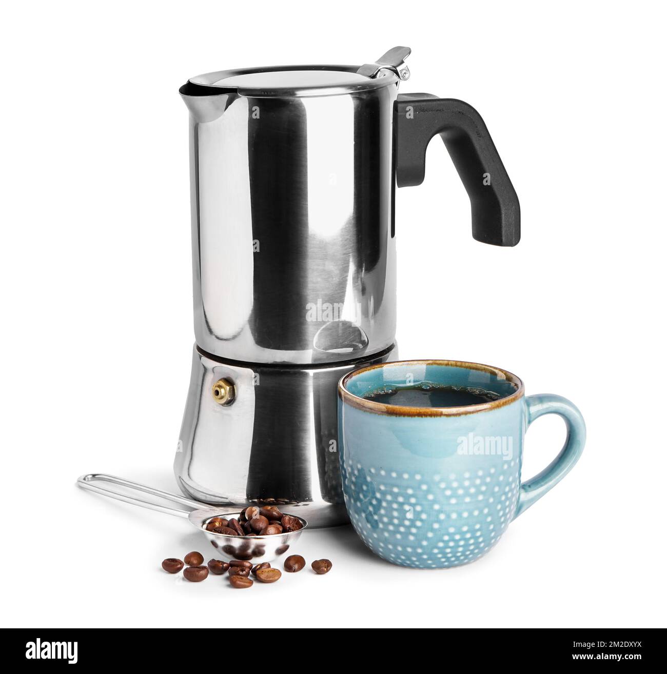 Geyser coffee maker, cup of espresso and beans on white background ...
