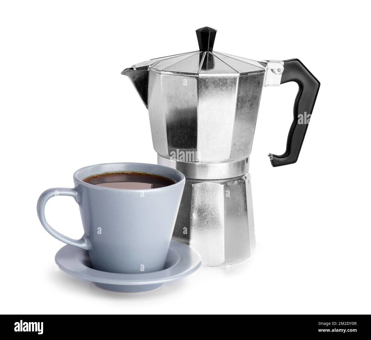 Geyser coffee maker and cup of espresso on white background Stock Photo ...