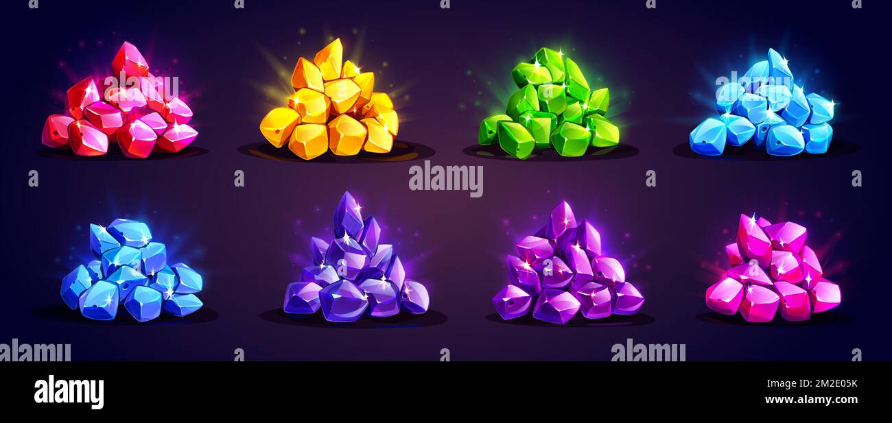 Game icons of precious gemstones piles. Heaps of shiny gems, jewel ...