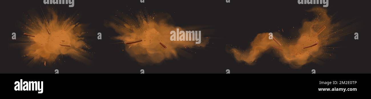 Realistic set of cinnamon bark powder and strips scattered in different ...