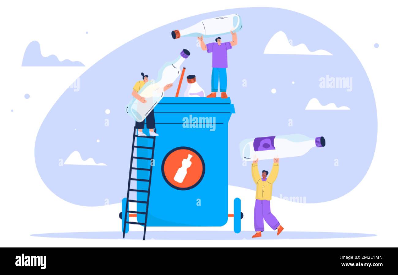 People collecting plastic trash into recycling garbage bin. Tiny ...