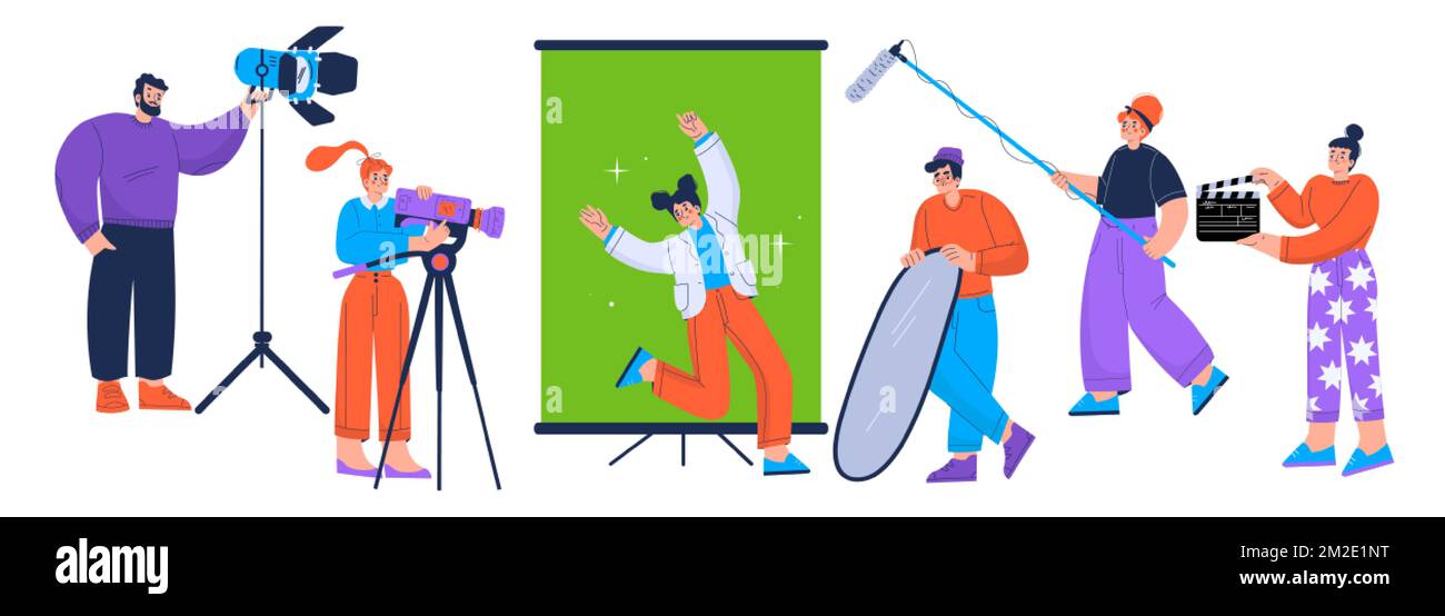 Film crew record movie with actress playing role at chroma key screen ...