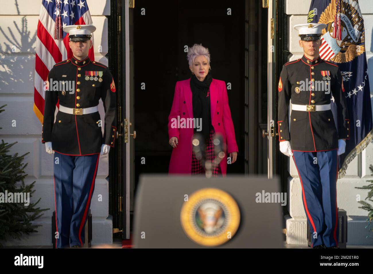 Singer Cyndi Lauper arrives to perform in a ceremony with US President ...