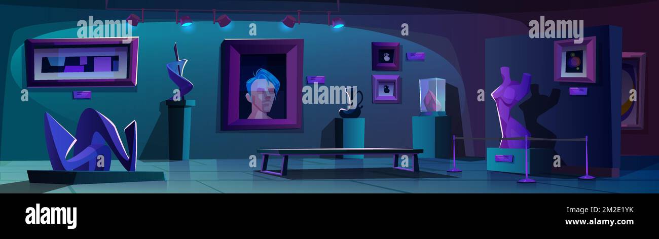Art gallery, museum at night, dark interior with modern artworks ...