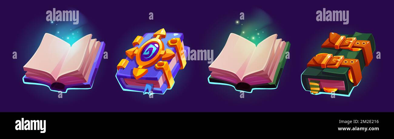 Magic spell books, fantasy alchemy grimoires, closed and open wizard ...